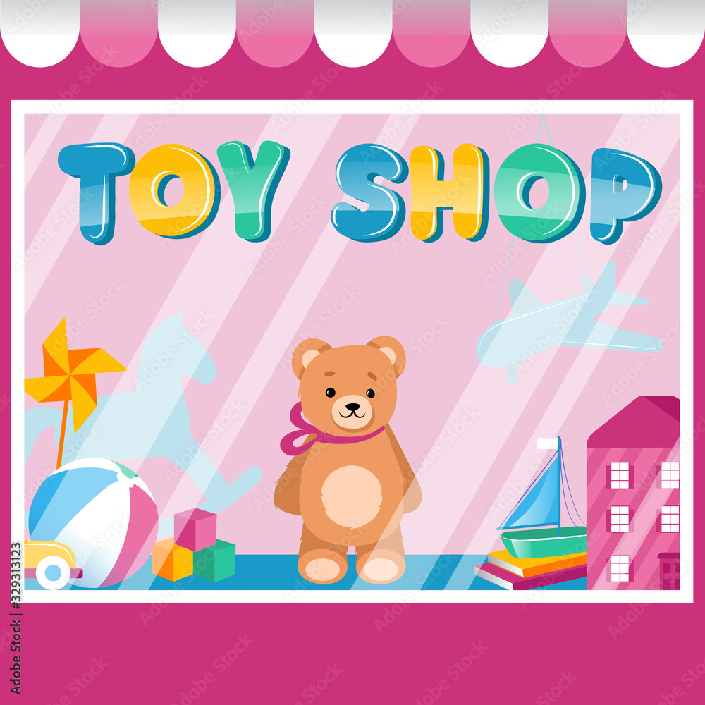 Toys Shop Concept. Teddy Bear In The Showcase Of Toys Store. Modern ...