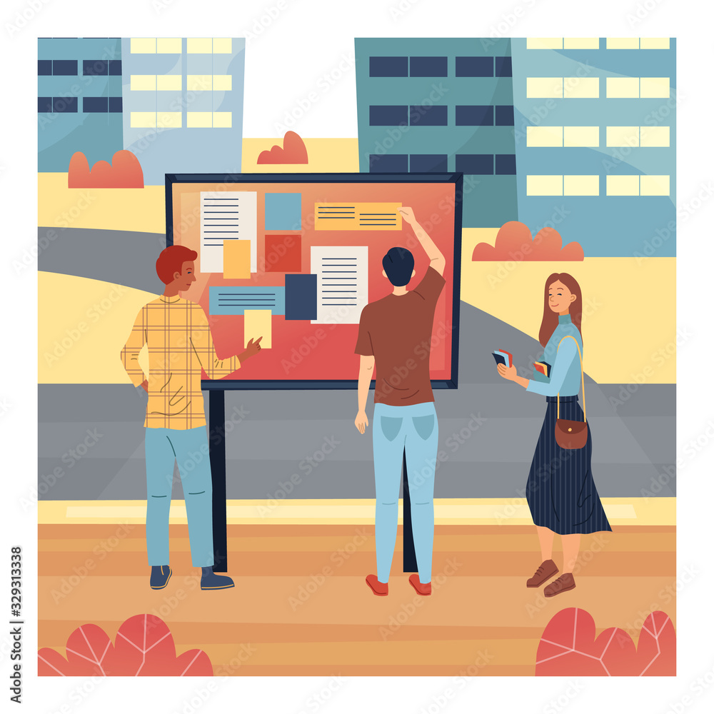 Group Of Young People Are Pasting And Reading Announcements On The ...