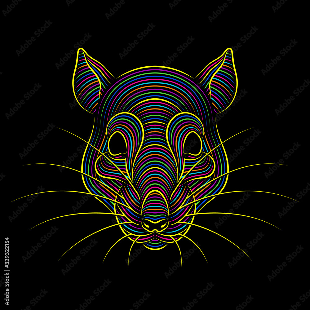Engraving of stylized psychedelic rat portrait on black background ...