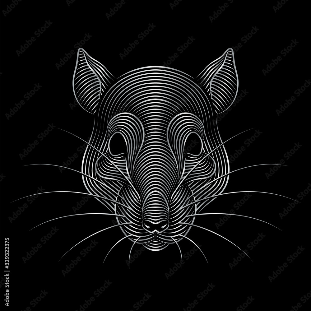 Engraving of stylized silver rat portrait on black background. Line art ...