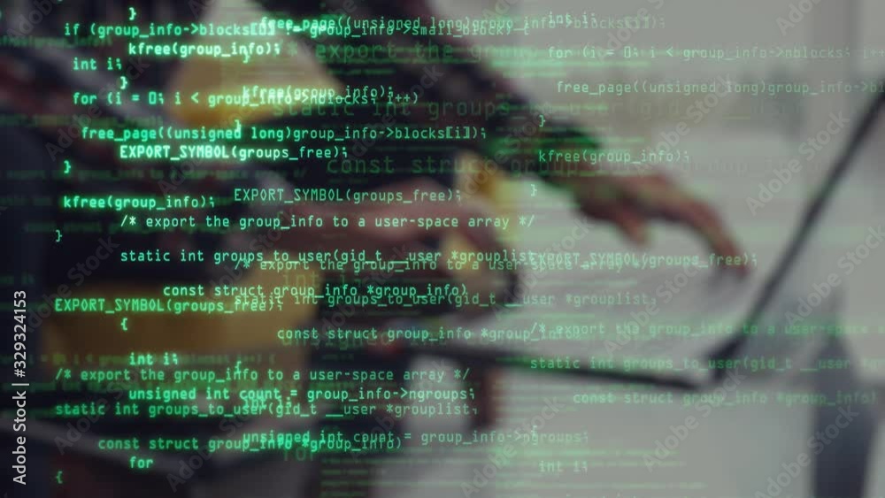 Male Programmer Types Program Code On Laptop Green Source Code Overlay Code And Information
