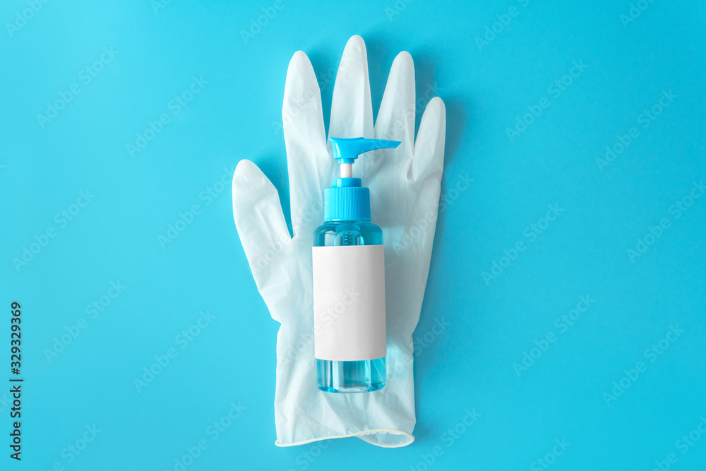 Top down view blue alcohol liquid for medical purpose and Anti ...