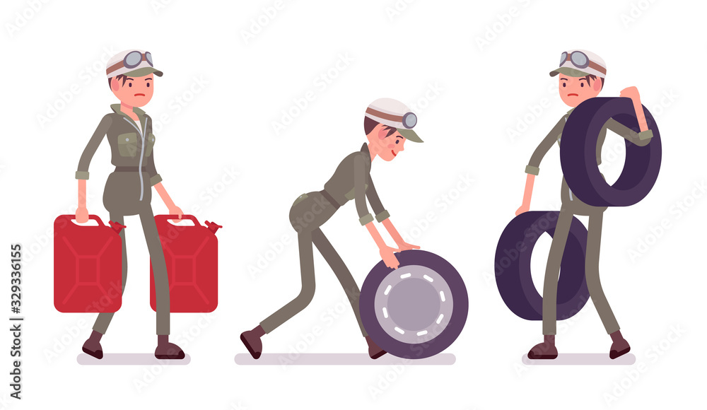 Mechanic girl in overalls working with tire, oil canister. Female ...