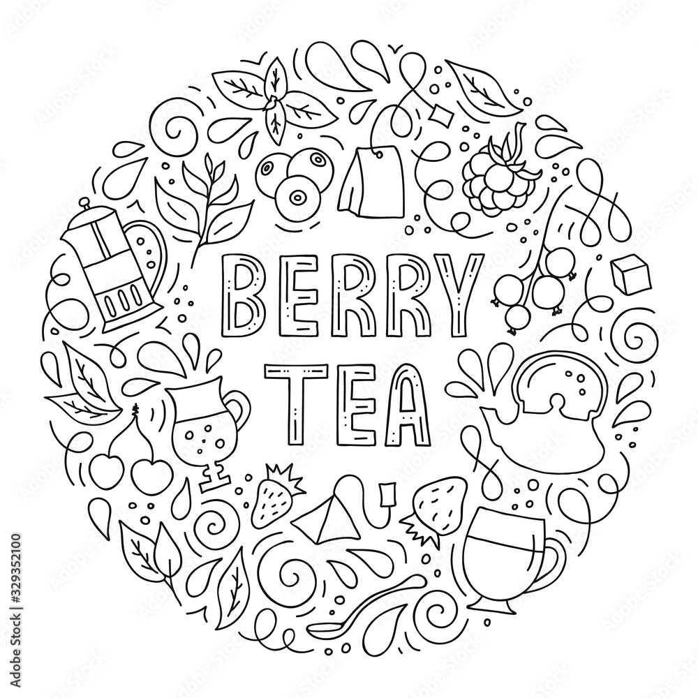 Berry tea. Round frame with lettering and drinking tea attributes in an ...