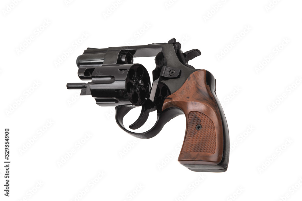 Small black gun revolver isolate on white background. Pocket pistol for ...