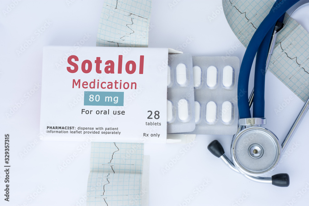 Sotalol medication concept photo. On doctor table is package of cardiac ...