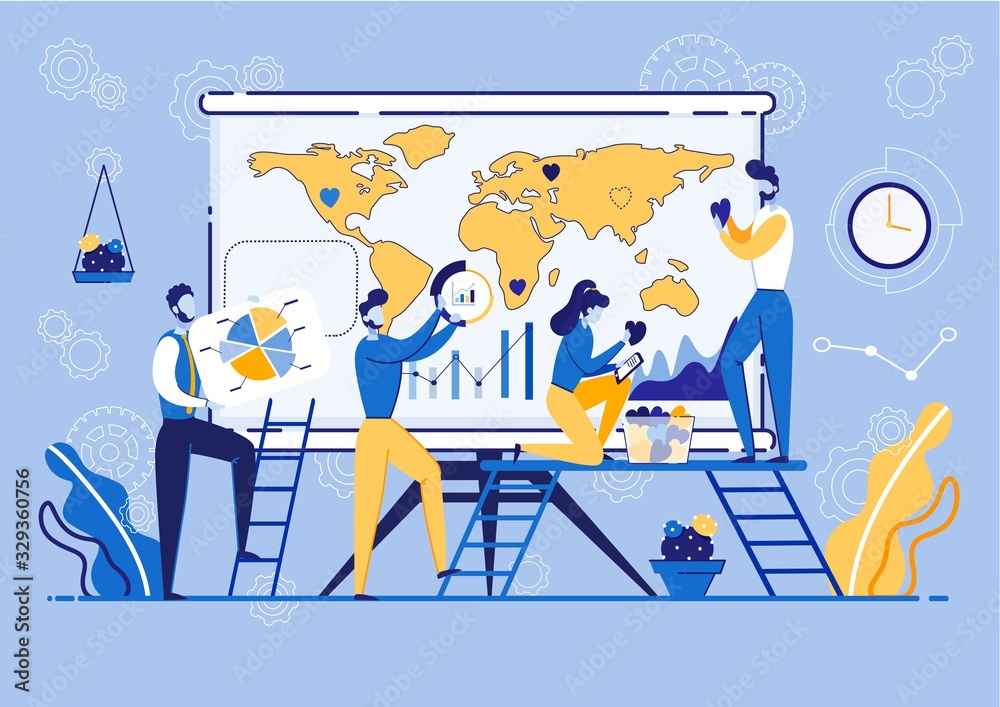 Team Work Process Concept Flat Cartoon Vector Illustration. Group ...