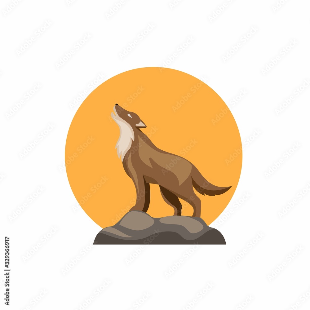 wolf howl at the yellow moon, symbool in cartoon illustration vector ...