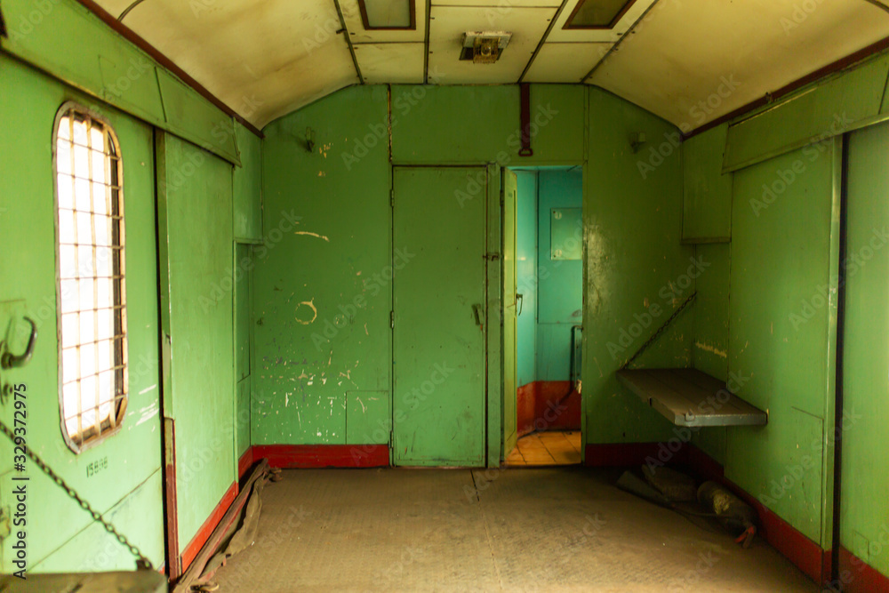 Interior of an old train carriage for transporting prisoners Stock ...