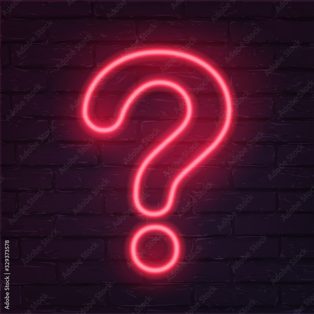 Neon red question mark on dark brick wall. Cinema, show, theatre ...