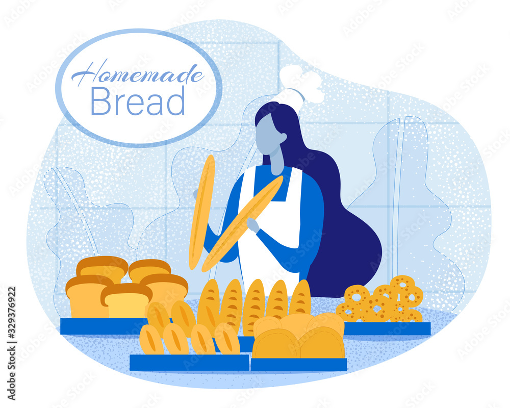 Cartoon Woman Character in Apron Offer to Buy Fresh Hot Homemade Bread ...