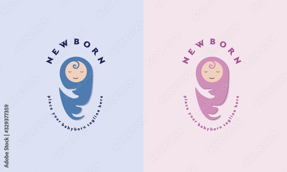 Cute newborn baby logotype with mum's hands. Male and female round ...