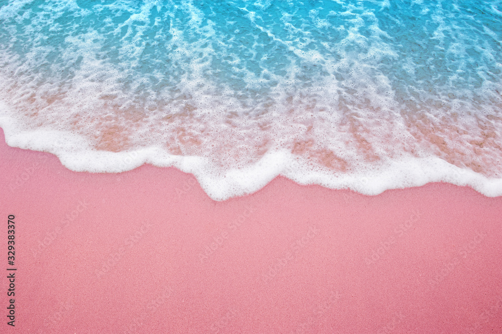 Summer pink sands beach with soft blue ocean wave and beautiful fine ...