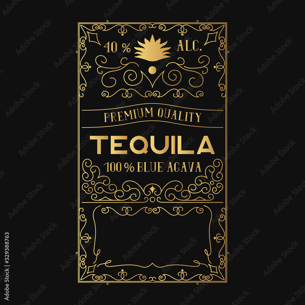 Hand drawn golden vintage tequila frame. Gold alcohol label for bottle ...