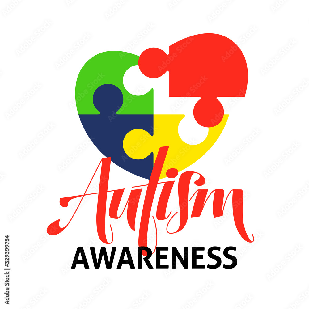 A square vector image with a lettering and heart puzzles for the autism ...
