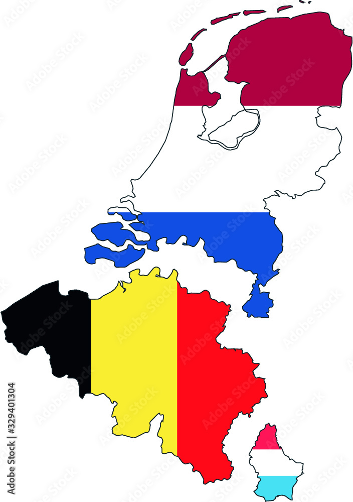 Vector illustration of the Map of Benelux (with national flags and ...