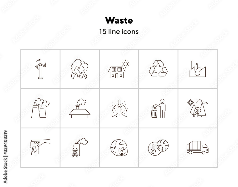 Waste line icon set. Planet, trash bin, car, factory. Environment ...