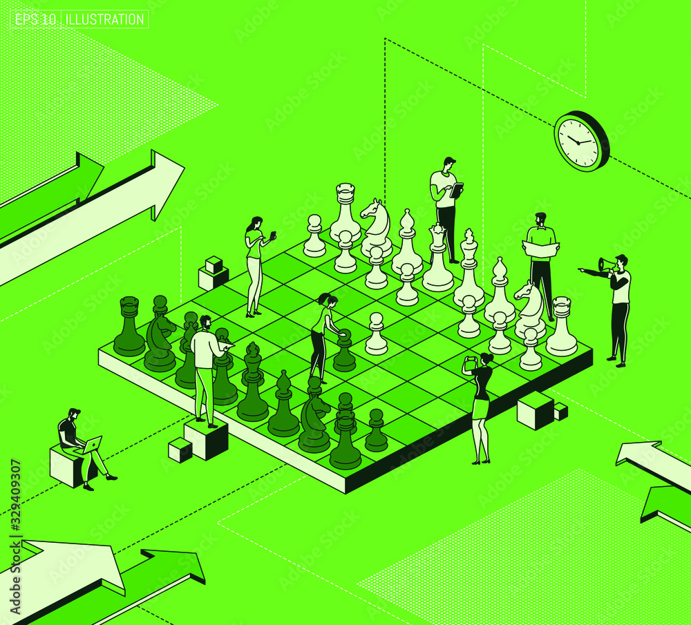 Trendy isometric illustration. Chess game. People work. Business ...