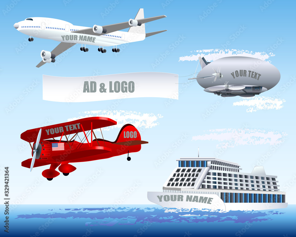 Vehicles with Banners Vector Kit - Jet, Blimp Airship, Biplane and Ship - Add your own text and ...
