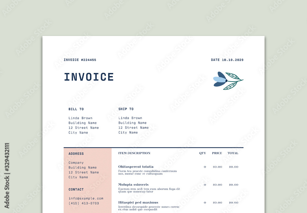 Invoice Layout with Floral Illustrations Stock Template | Adobe Stock
