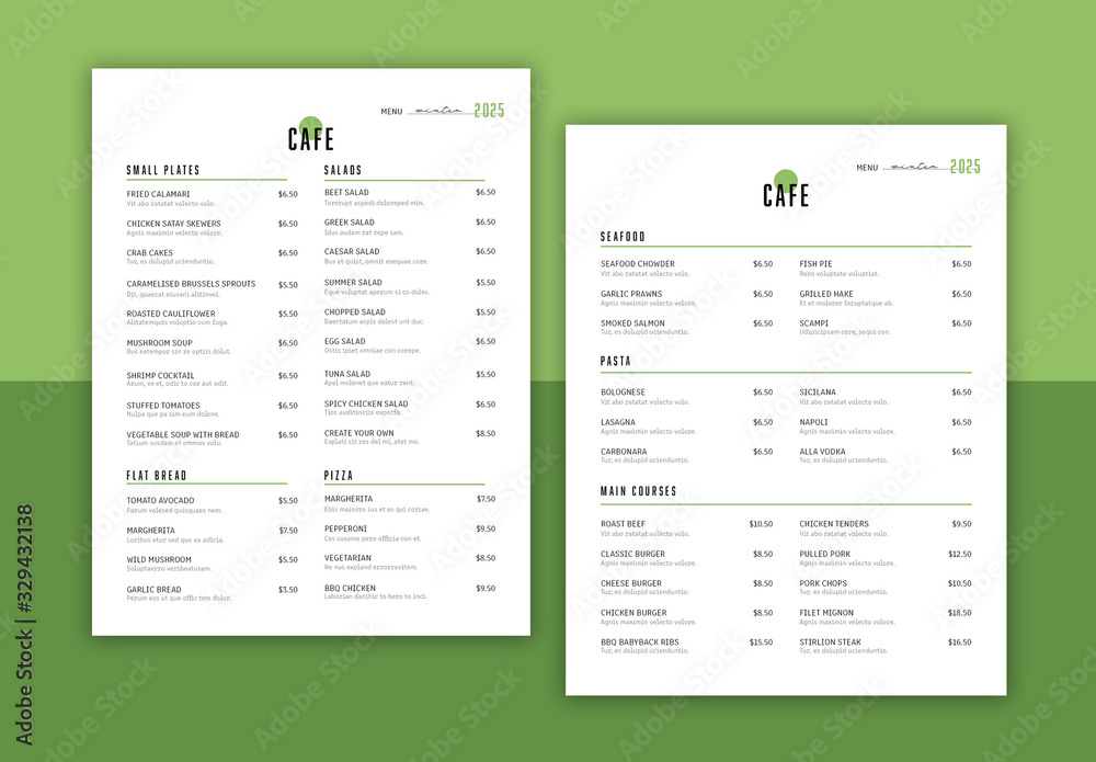 Menu Layout with Green Accents Stock Template | Adobe Stock