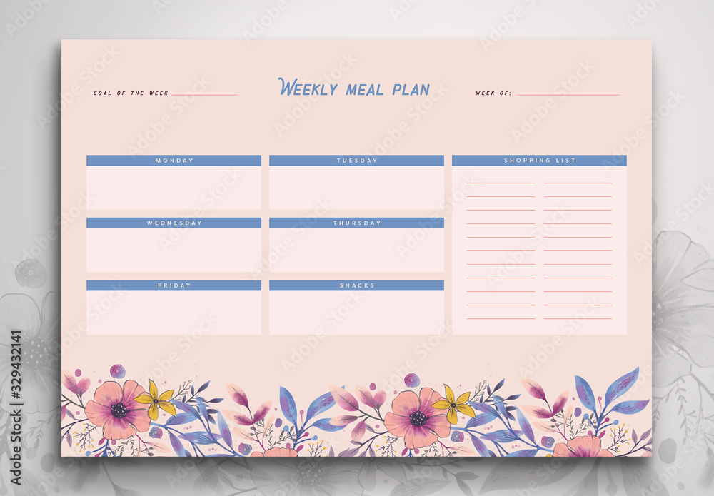 Meal Planner Layout with Hand-Drawn Floral Illustrations Stock Template ...