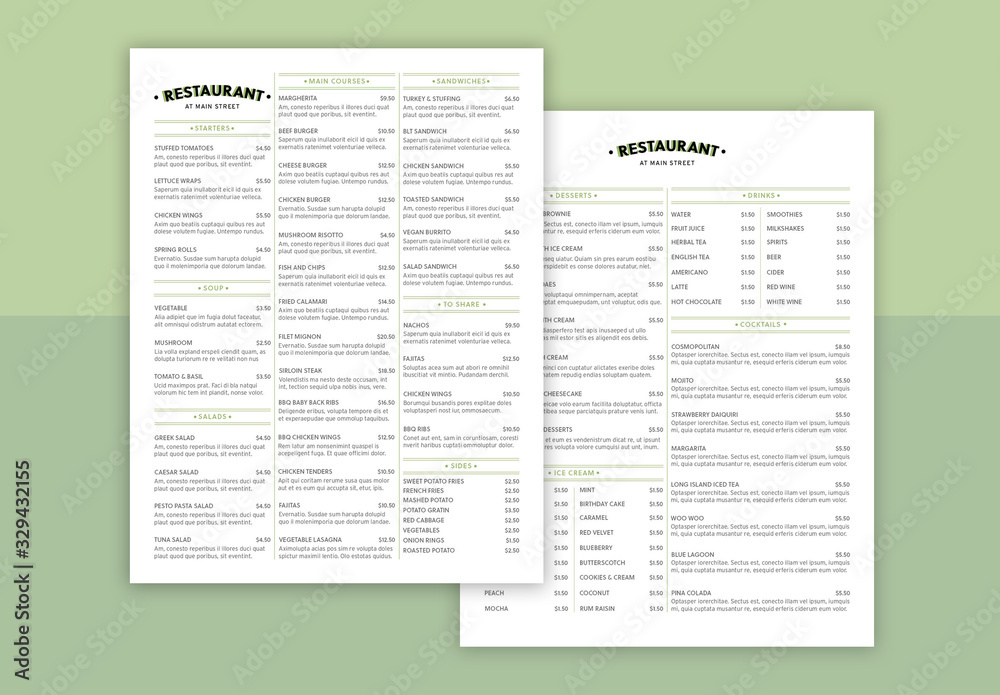 Menu Layout with Green Accents Stock Template | Adobe Stock