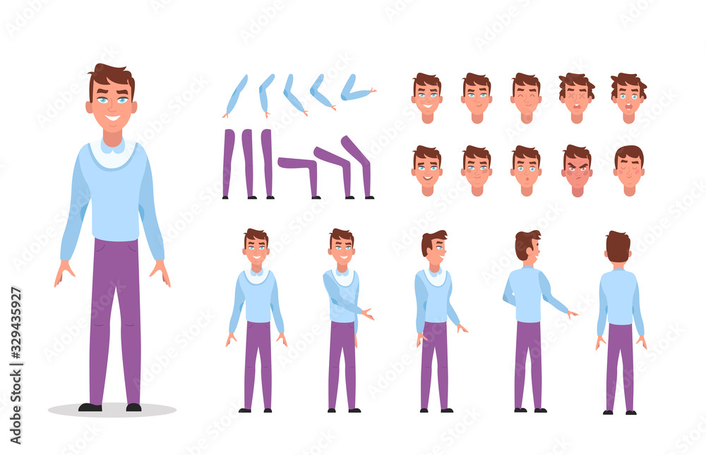 Man character constructor for animation with various views, poses ...
