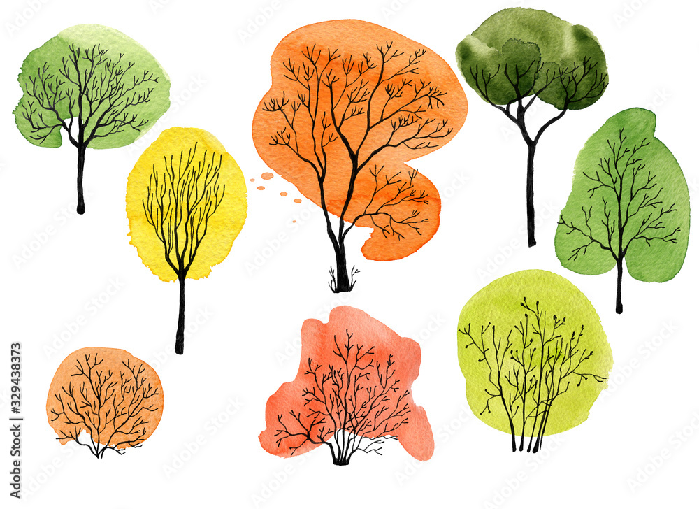 Set of different black ink trees with watercolor crowns for your design ...