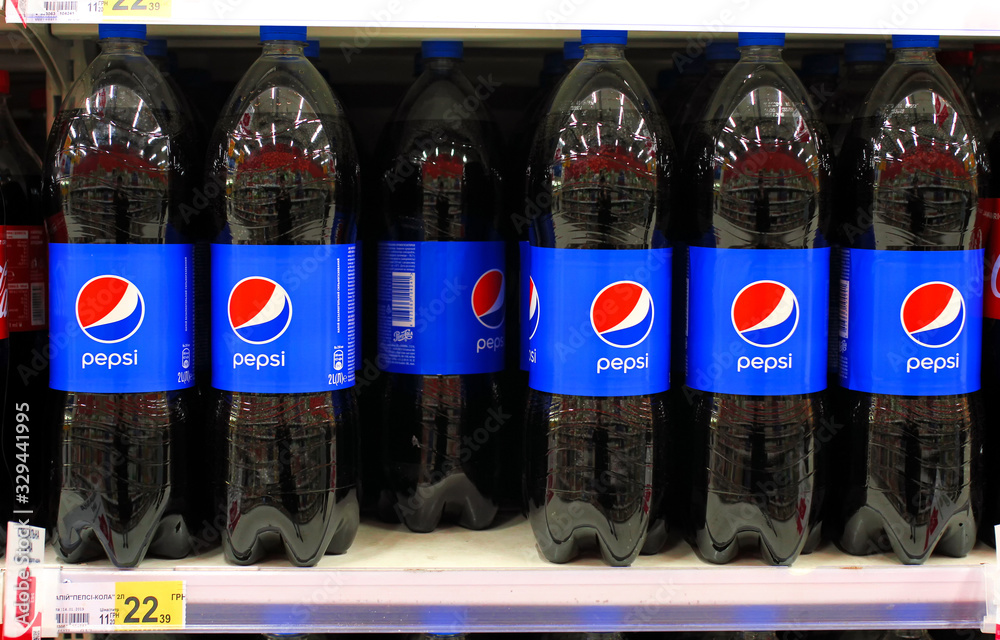 Kiev, Ukraine - January 22, 2019. Lots of Pepsi soda water bottles on ...