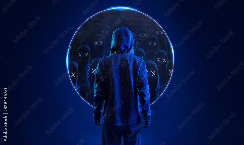 Back view of hacker in hoodie. Dangerous hooded hacker. Internet, cyber crime, cyber attack ...