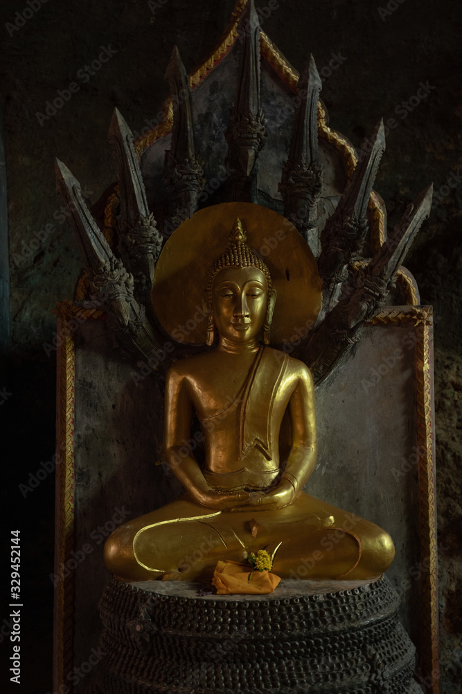 Gold Thai Naga Buddha statue/altar/shrine with serpents in Wat Suwan ...