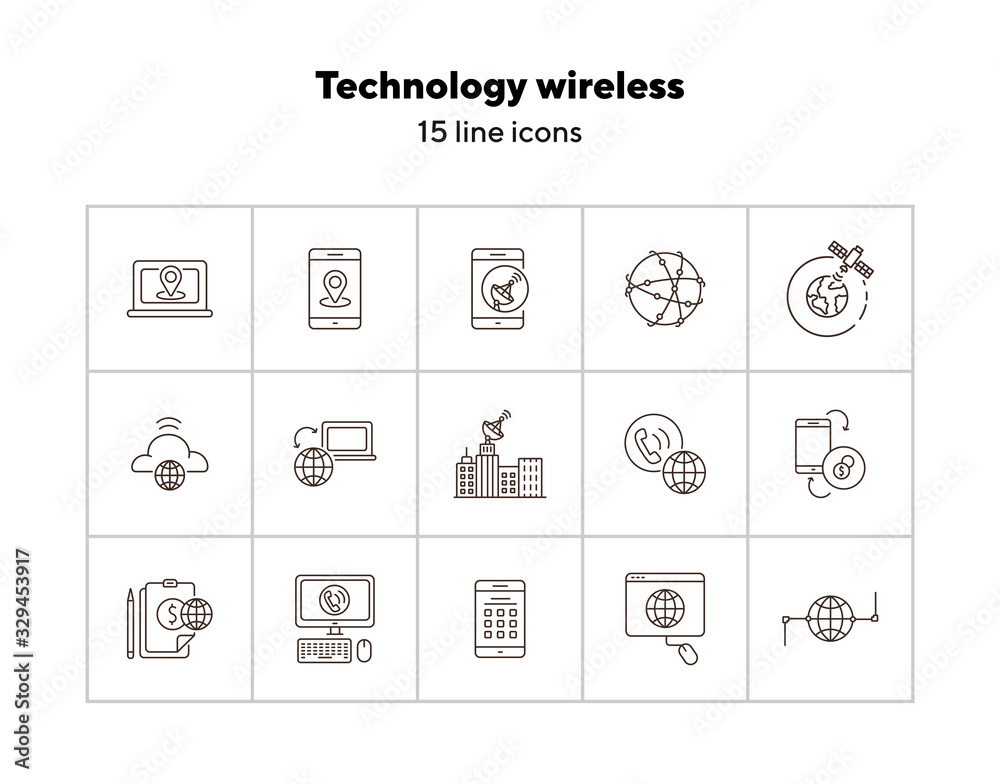 Technology wireless thin line icon set. Interconnection web, flow ...