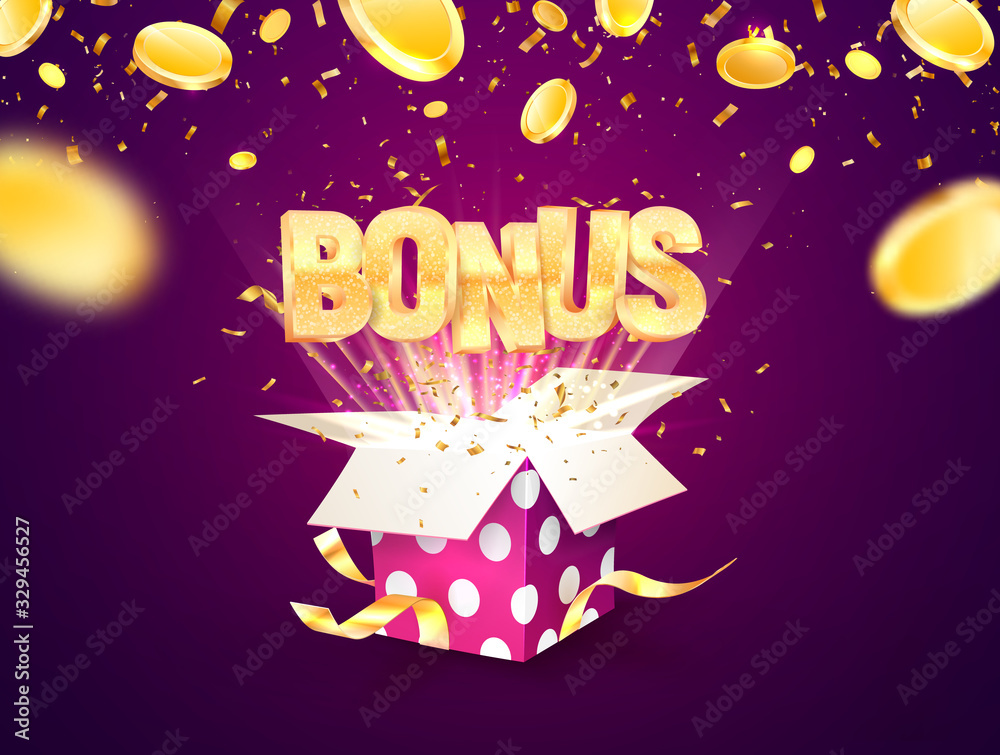 Bonus word flying from textured gift box and purple background. Winning ...