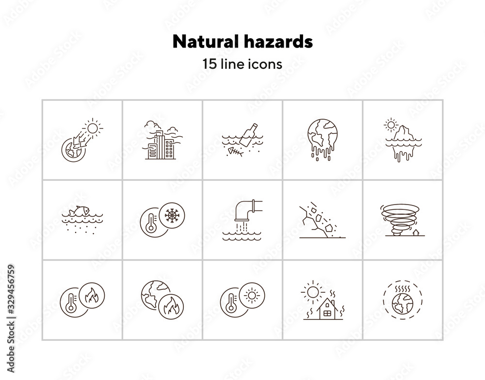 Natural hazards icons. Set of line icons. Liquid wastes, melting planet ...