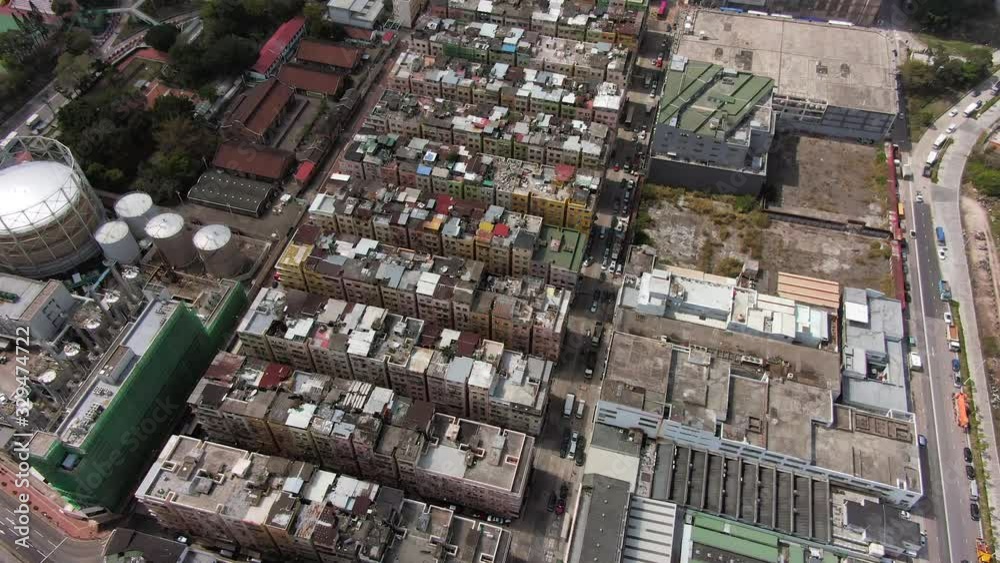 Hong Kong Kowloon Walled City, a densely populated slum, Aerial view ...