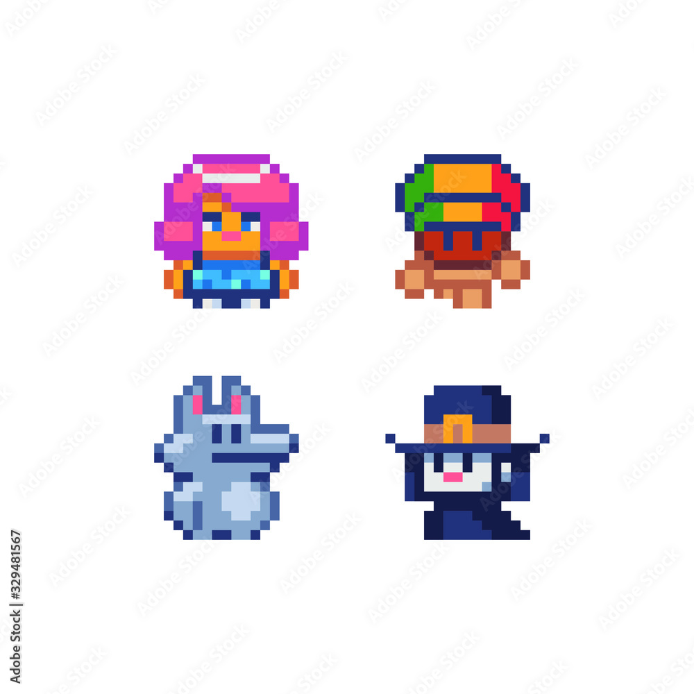 Abstract cute characters people and animal pixel art icons set, design ...