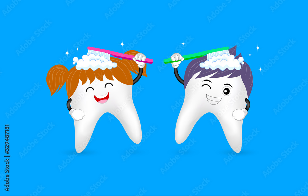 Cute cartoon tooth character brushing with smiley face. Dental care ...