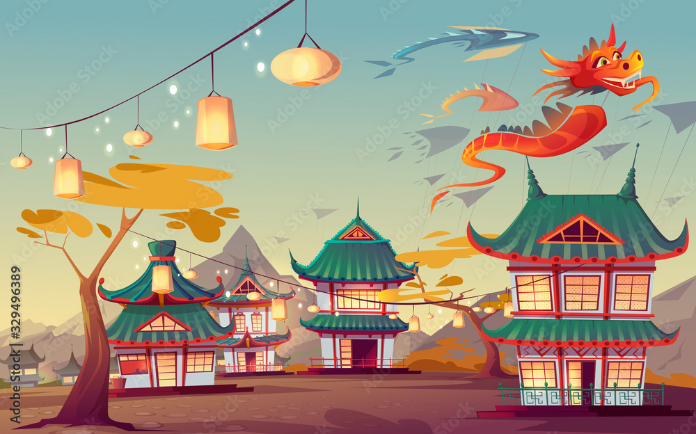 Weifang kite festival in China. Vector cartoon landscape of chinese ...