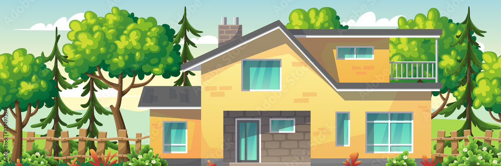 Seamless nautre background with house, trees, fence and flowers. Vector ...