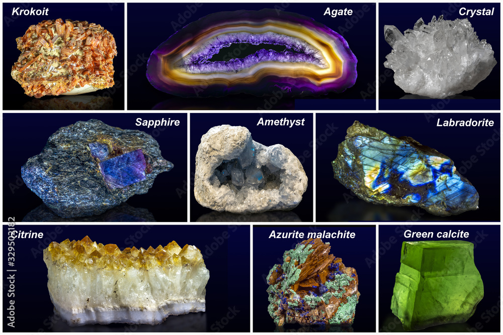 Collage - set of minerals with names isolated. Stock Photo | Adobe Stock