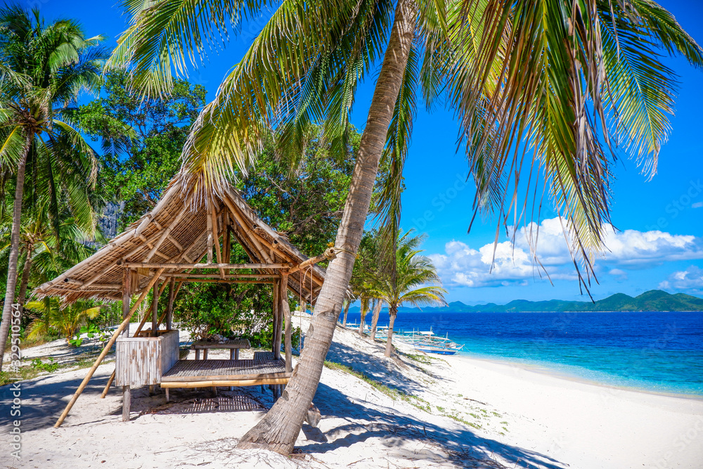 Beach hut under palm tree on the beach. Black island, Coron ...