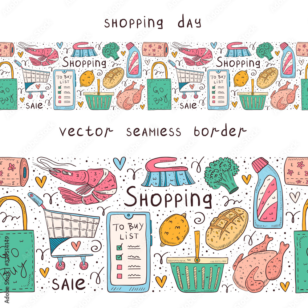 Shopping hand drawn doodle vector seamless border, pattern, texture ...