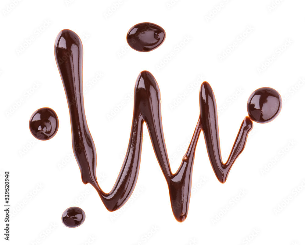 Chocolate syrup drizzle isolated on white background. Splashes of sweet ...