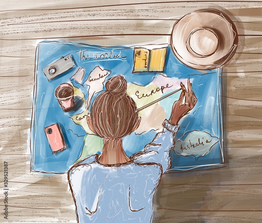 Hand-drawn illustration of a young woman lying with world map on the ...