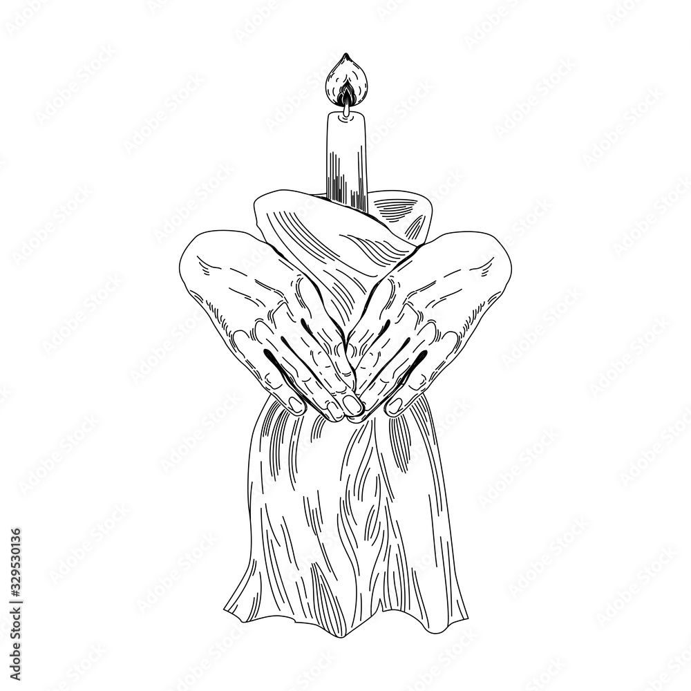 Two human hands with burning candle. Outline silhouette isolated on ...