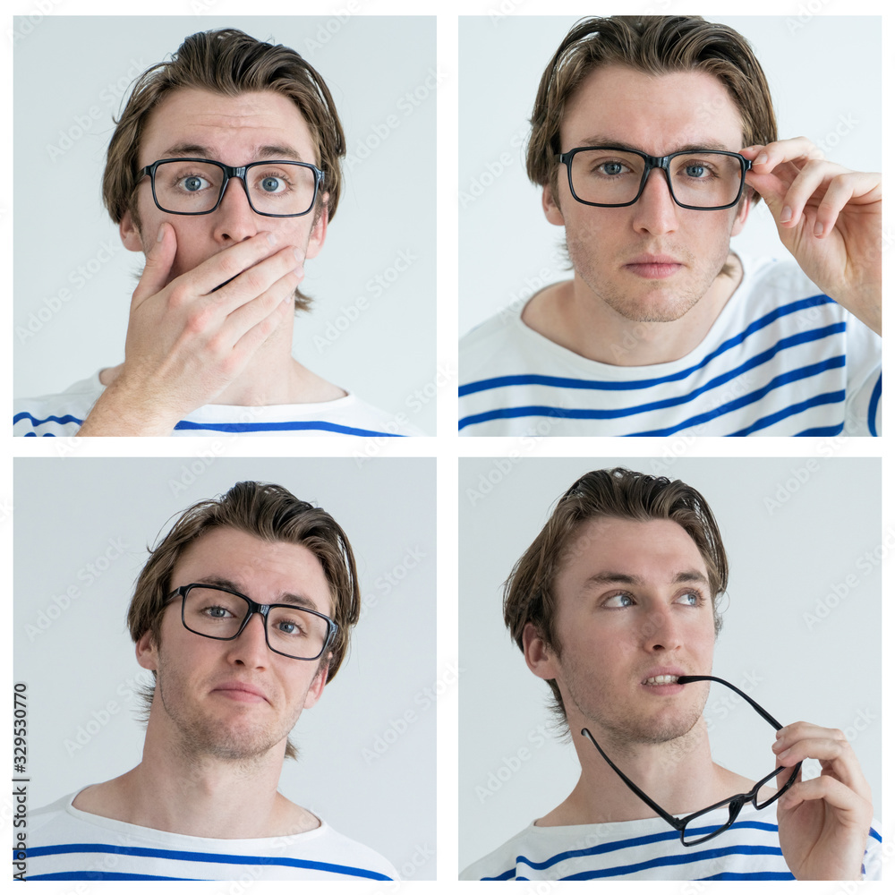 Student guy in glasses portrait set with different gestures and facial ...