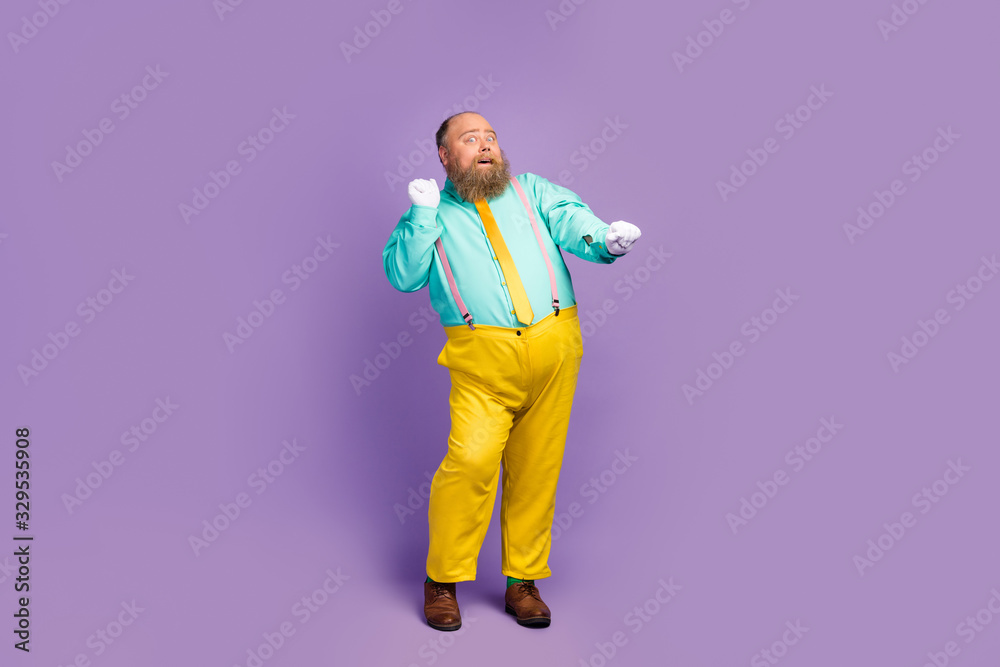 Full size photo of funky positive crazy overweight man dance on retro ...