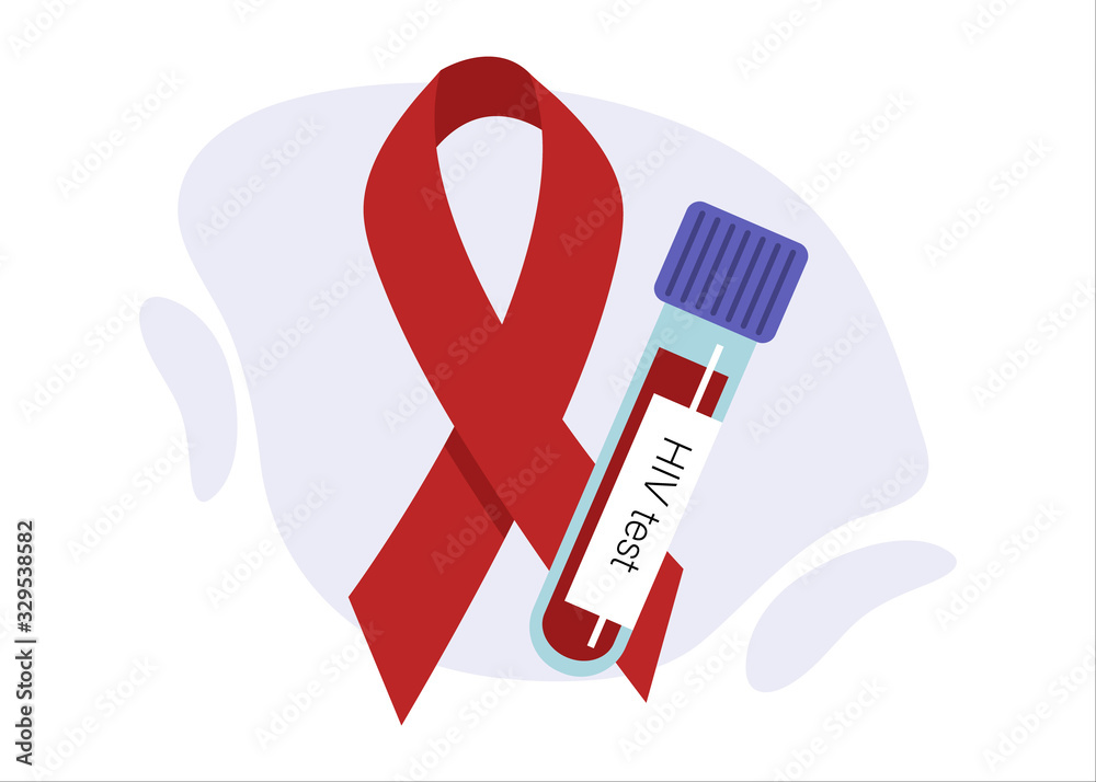 HIV test tube with blood and red ribbon as a symbol of World AIDS Day ...
