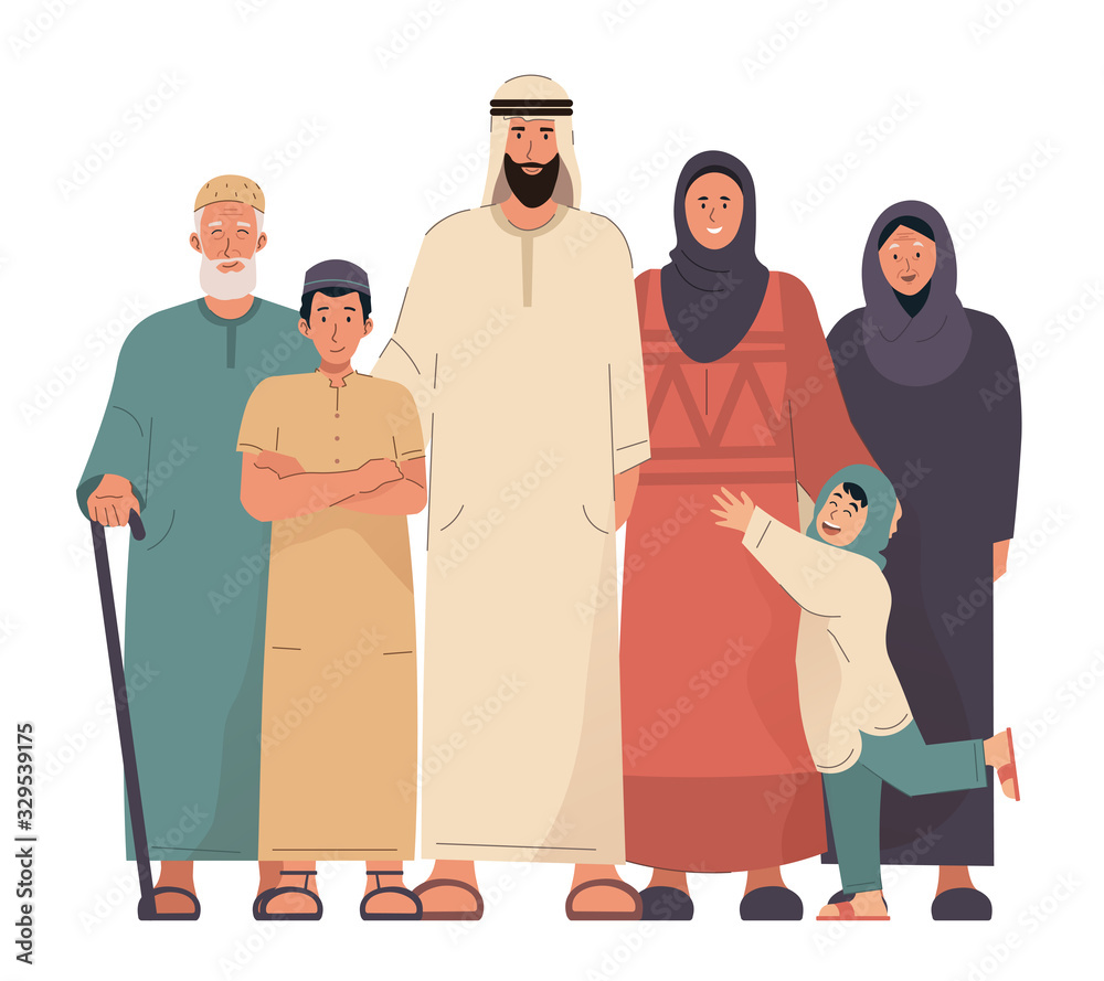 Arabian family portrait. Grandparents, parents and children. Arabic ...